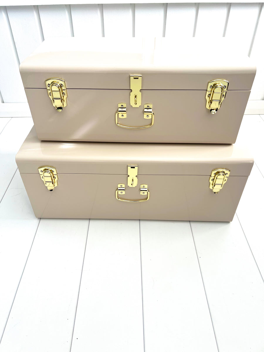 BEIGE METAL STORAGE TRUNK -GOLD HARDWARE – Sweet Beginnings