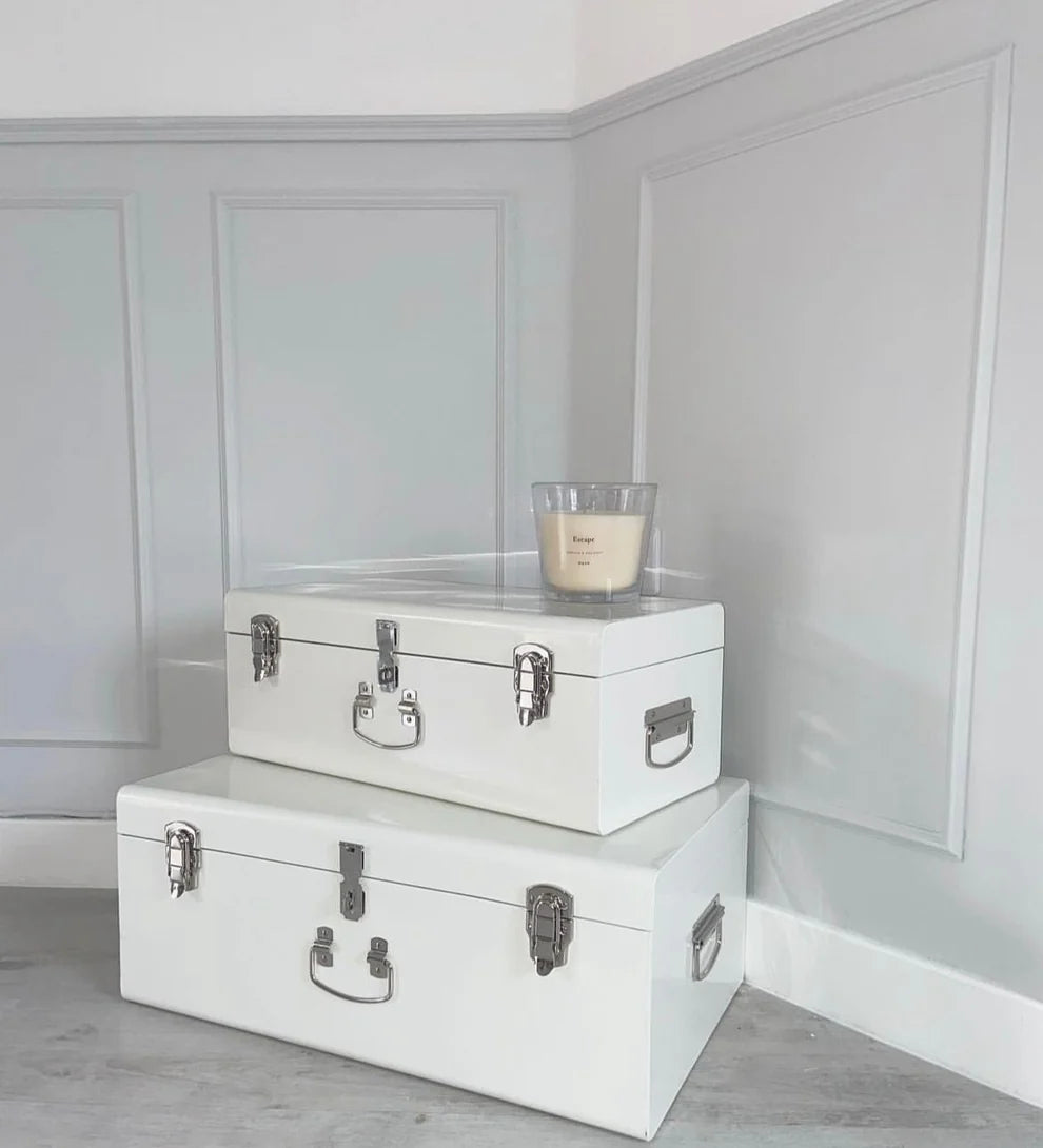WHITE METAL STORAGE TRUNK- SILVER HARDWARE – Sweet Beginnings