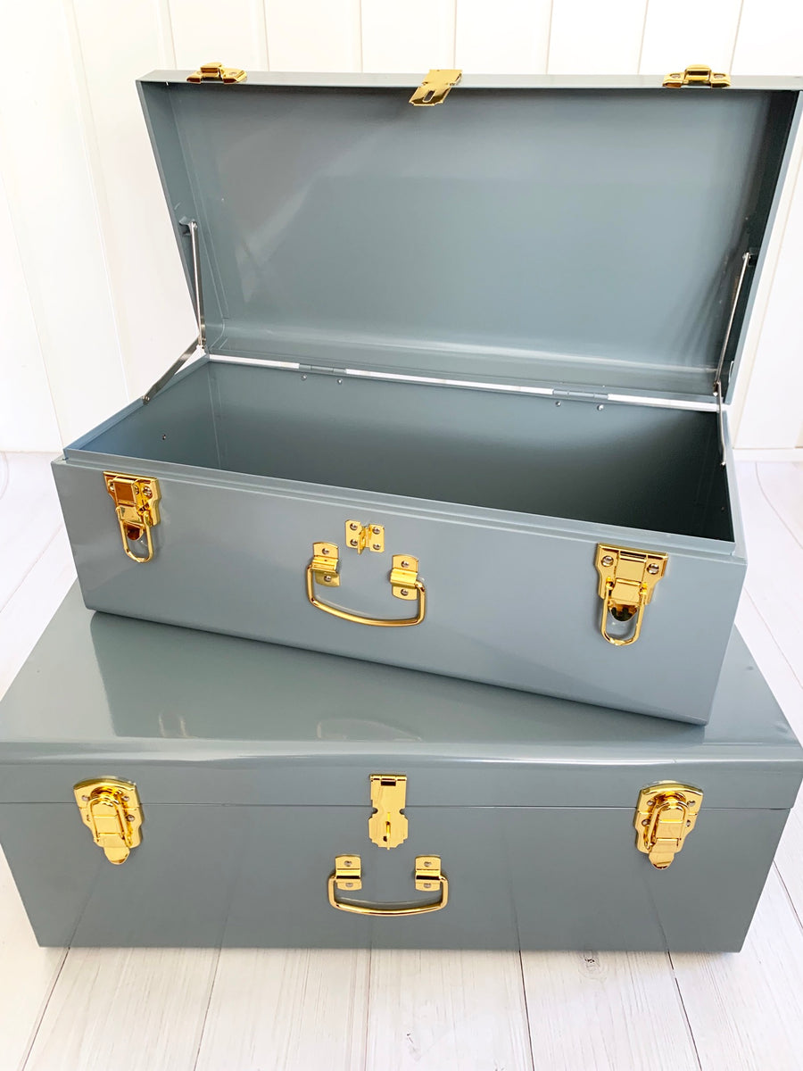DUCK EGG BLUE METAL STORAGE TRUNK- GOLD HARDWARE – Sweet Beginnings