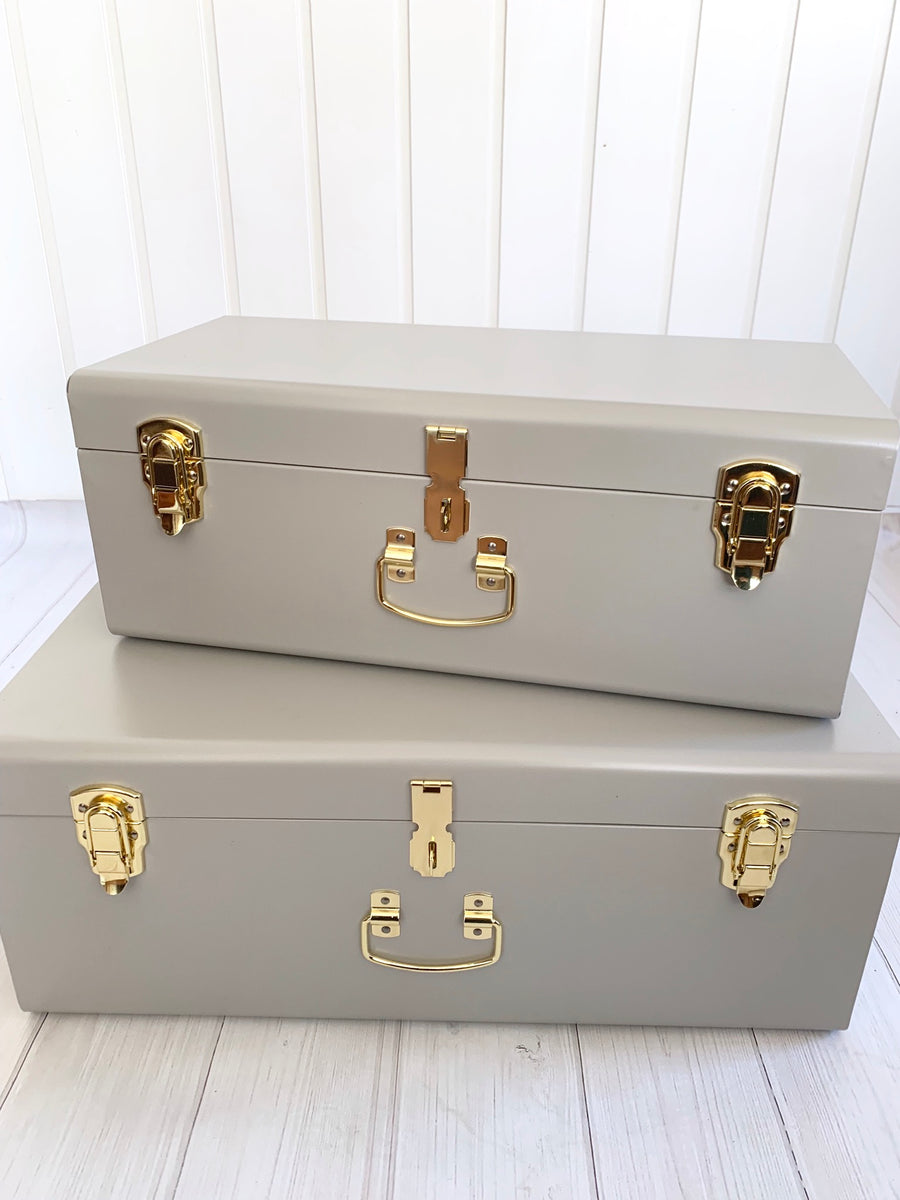 GREY METAL STRAGE TRUNK- GOLD HARDWARE – Sweet Beginnings