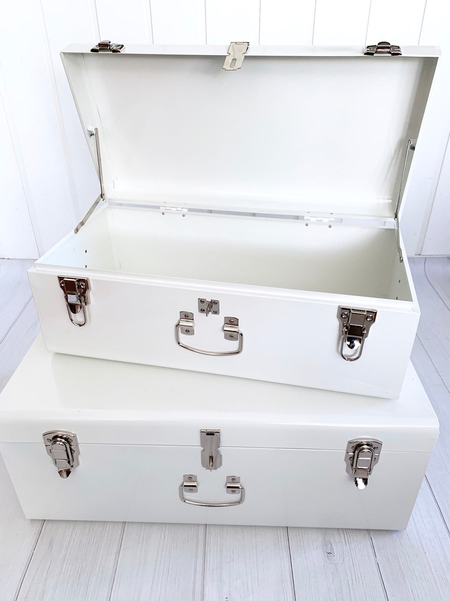 WHITE METAL STORAGE TRUNK- SILVER HARDWARE – Sweet Beginnings